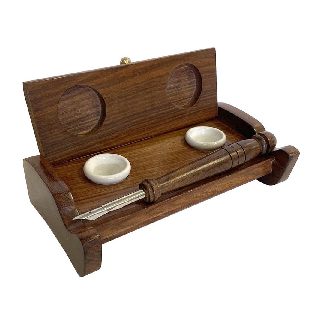 Schooner Bay Co. - 7" Wood Inkwell Stand with Clay Inkwells, Wood Nib Pen and Ink Powder, Acacia Wood