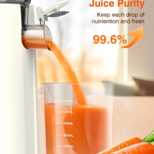 Cold Press Juicer, Updated Masticating Juicer Machines with 5" Feeding Chute Fit Whole Fruits &Vegetables, 99.6% Juice Purity, Streamlined Parts Easier to Clean/1.5L Capacity/2 Cups Included