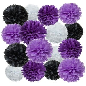 awell purple black white and lavender paper pom poms tissue flower for birthday graduation retirement halloween party decoration, 16 counts