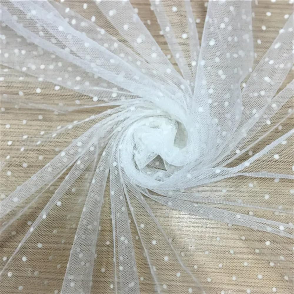 59 Inch White Polka Dot Tulle Spotted Mesh Soft Stretch Fabric Suitable for DIY Handmade Doll Butterfly Wedding Veil Costume Dress Craft Sewing (White, 1 Yard)