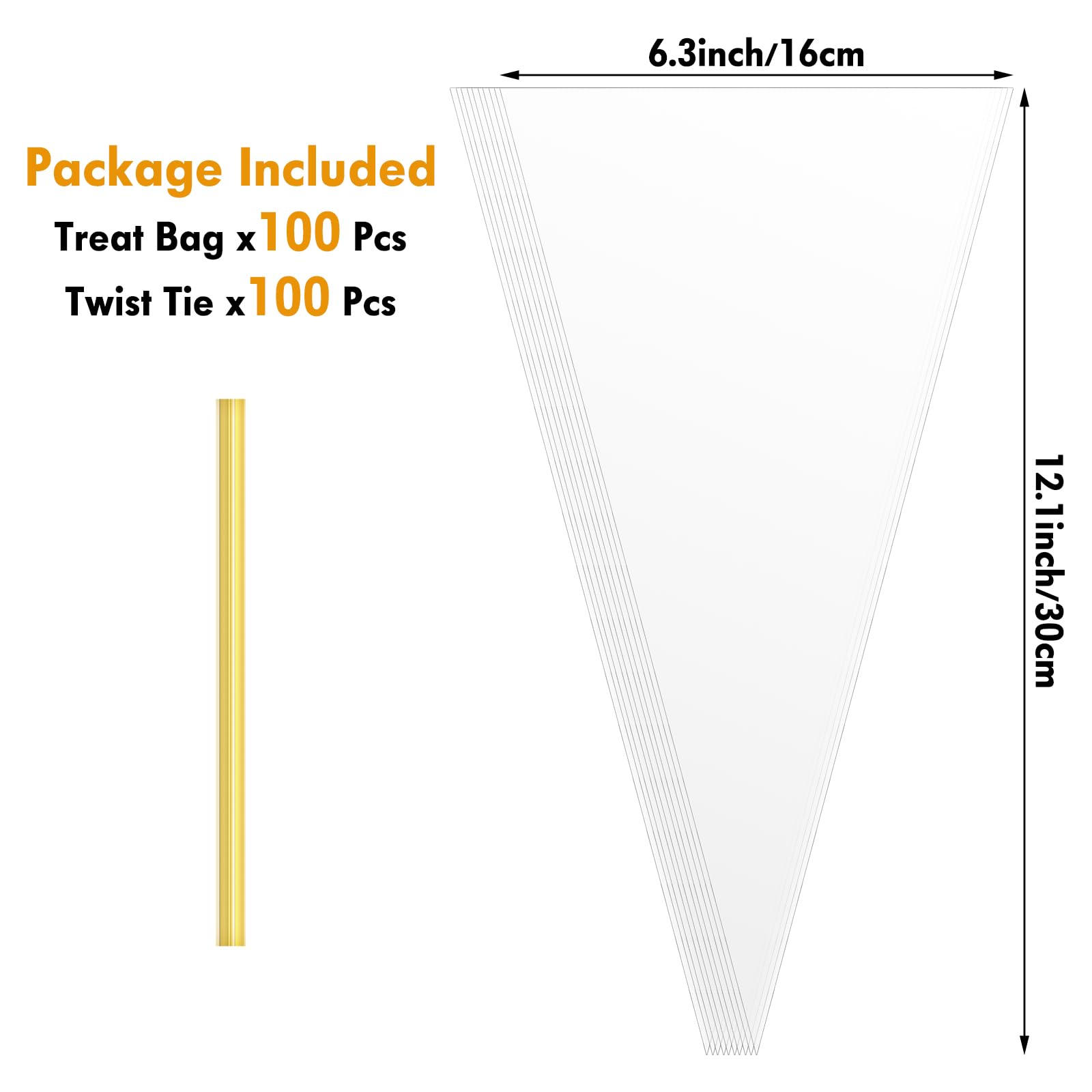 YUXIANLB 100Pcs Cone Shaped Treat Bags, 6x12 Inches Christmas Candy Transparent Celloph Bags, Cone Bags with Twist Ties, Clear Cone Snack Bags for Gift Giving, Packaging Snack, Popcorn Favor