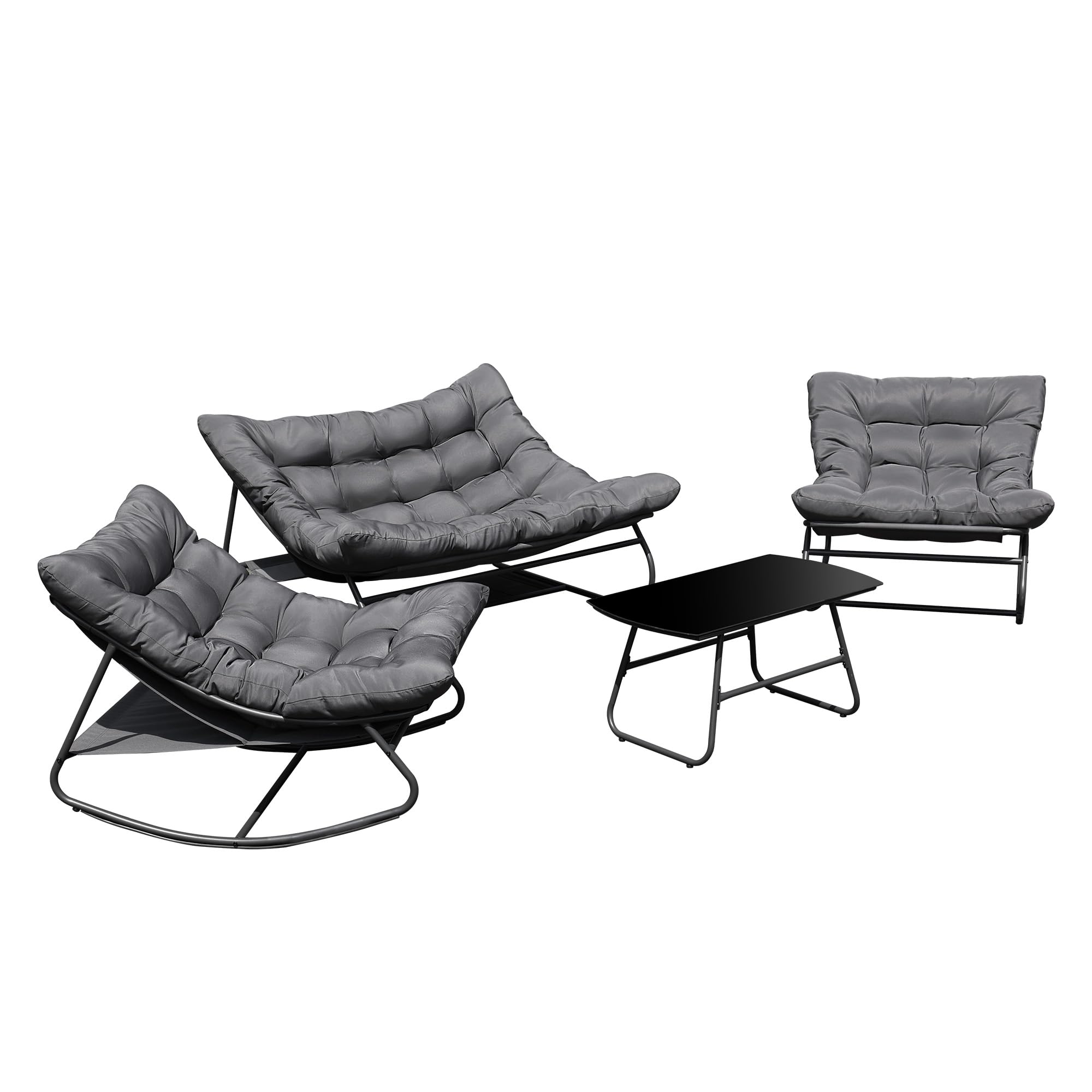 jamege 4 Pieces Patio Furniture Set with Rocking Chairs, Outdoor Patio Metal Loveseat Conversation Set with Cushions, Oversized Rocker Chair, Coffee Table for Porch, Garden, Backyard, Indoor