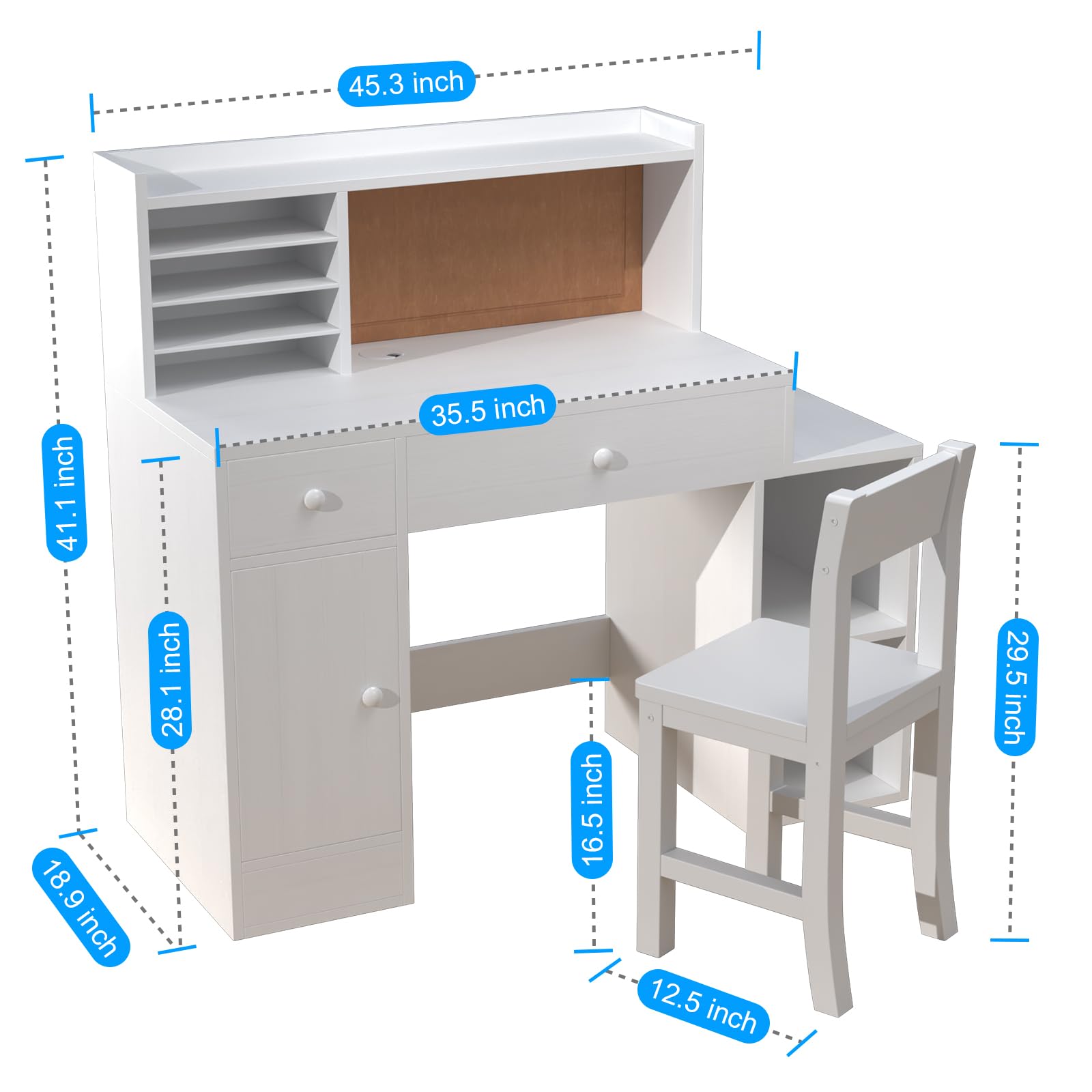 NKUGCFC Childrens Computer Desk with Bulletin Board, White Kids Desk and Chair Set for 5-12 Year Old, Kids Study Table with Chair, Drawers and Cabinets-ZXcvtz