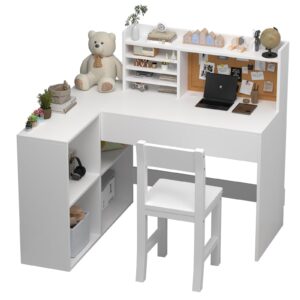 nkugcfc kids study desk and chair set with drawers and shelves,kidsdesk with bulletin board, 41in*31in white kids desk and chair set for 5-12 year old, kids corner desk and chair set