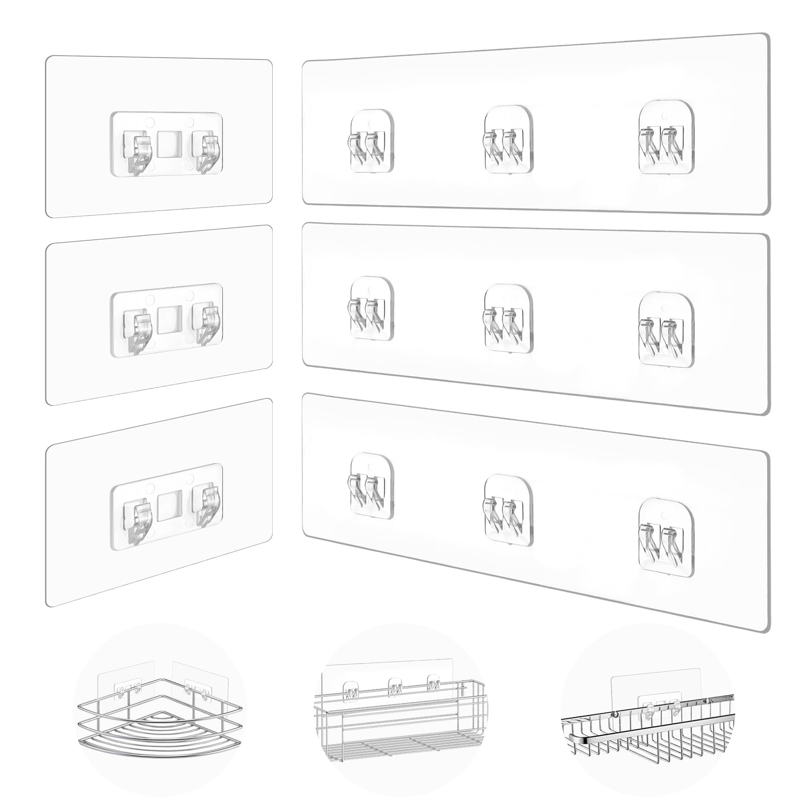 Qianyu 6 Pack Shower Caddy Adhesive Replacement Strips Strong Adhesive No Drilling Transparent Waterproof Wall Hooks for Soap Holder Kitchen Racks Bathroom Corner Shelves Storage