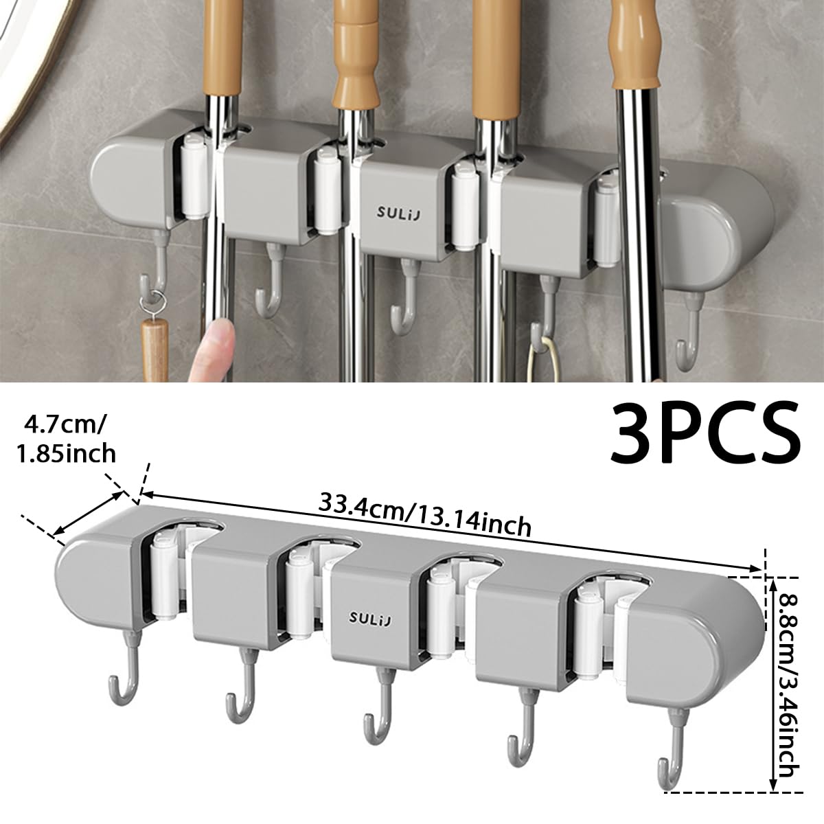 ZLHETWT 3Pcs Broom Mop Holder with Hooks, Wall Mounted Mop Holder Hanger Non Perforated Plastic Broom Storage Rack Adhesive Design Mop Broom Organizer for Bathroom Kitchen Garage