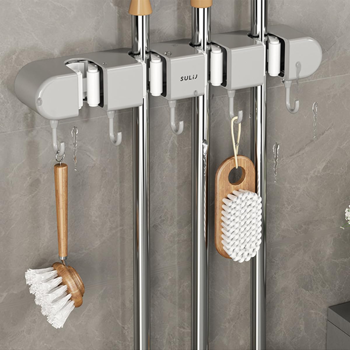 ZLHETWT 3Pcs Broom Mop Holder with Hooks, Wall Mounted Mop Holder Hanger Non Perforated Plastic Broom Storage Rack Adhesive Design Mop Broom Organizer for Bathroom Kitchen Garage