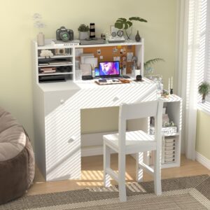 NKUGCFC White Kids Desk and Chair Set for 5-12 Year Old, Childrens Computer Desk with Bulletin Board, Kids Study Table with Chair, Drawers and Cabinets-0UT2bw