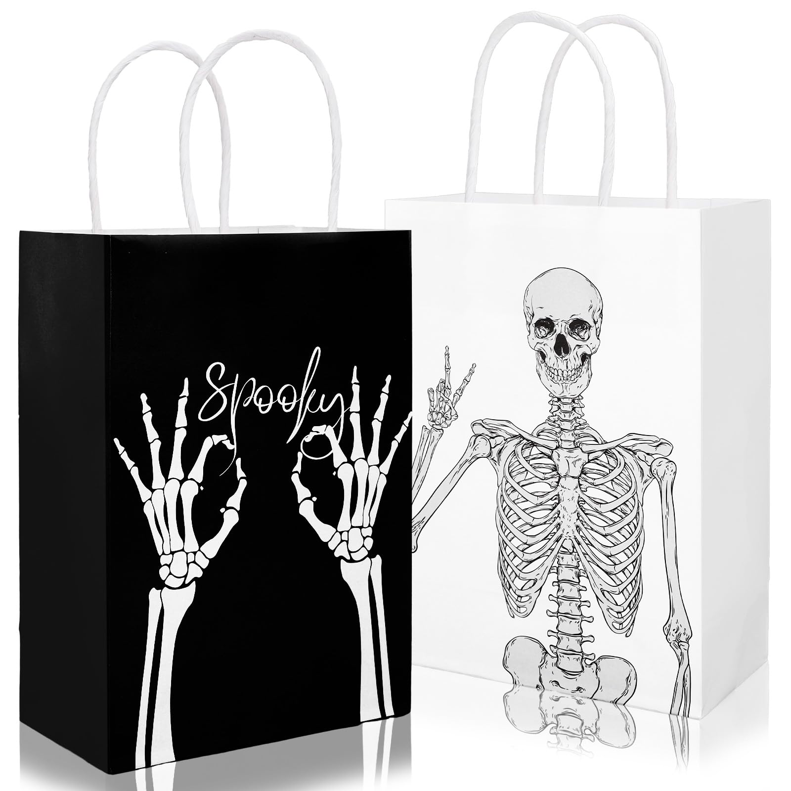 JarThenaAMCS 24Pcs Halloween Skull Paper Gift Bags with Handles Black White Skeleton Party Favor 2 Designs Candy Goodie Treat Bags for Party Supplies,8.3 x 5.9 x 3 Inch