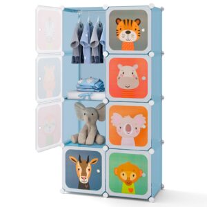 honey joy kids wardrobe closet, baby cartoon clothes storage organizer, 8 cubes & 2 hanging sections, portable children diy modular bedroom armoire dresser cabinet for boys girls (blue, 8-cube)