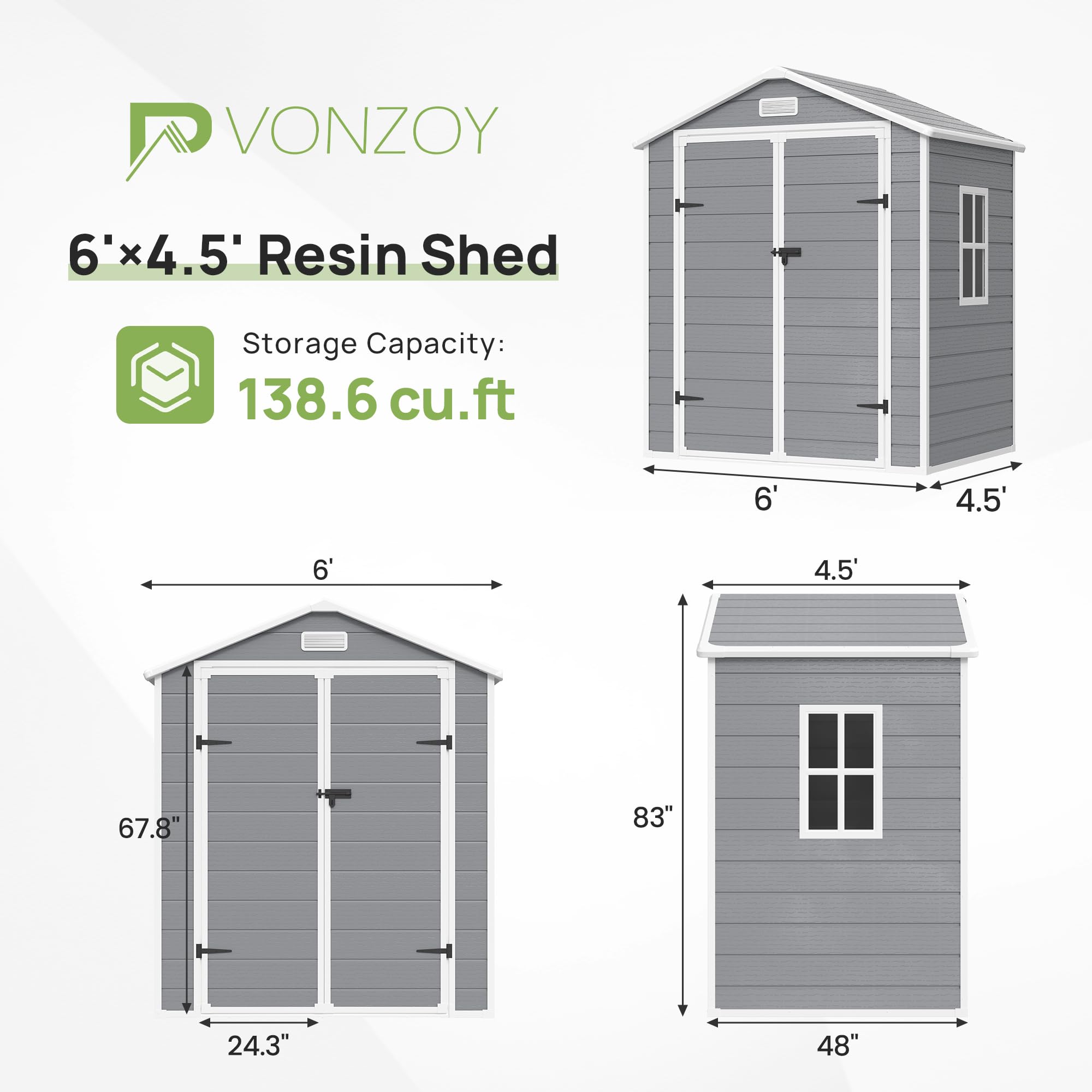 VONZOY Outdoor Resin Storage Shed, 6x4.5FT Plastic Storage Sheds with Floor, Lockable Door, Window, Waterproof Tool Sheds & Outdoor Storage Outside for Bike, Garbage Can,Garden, Grey White