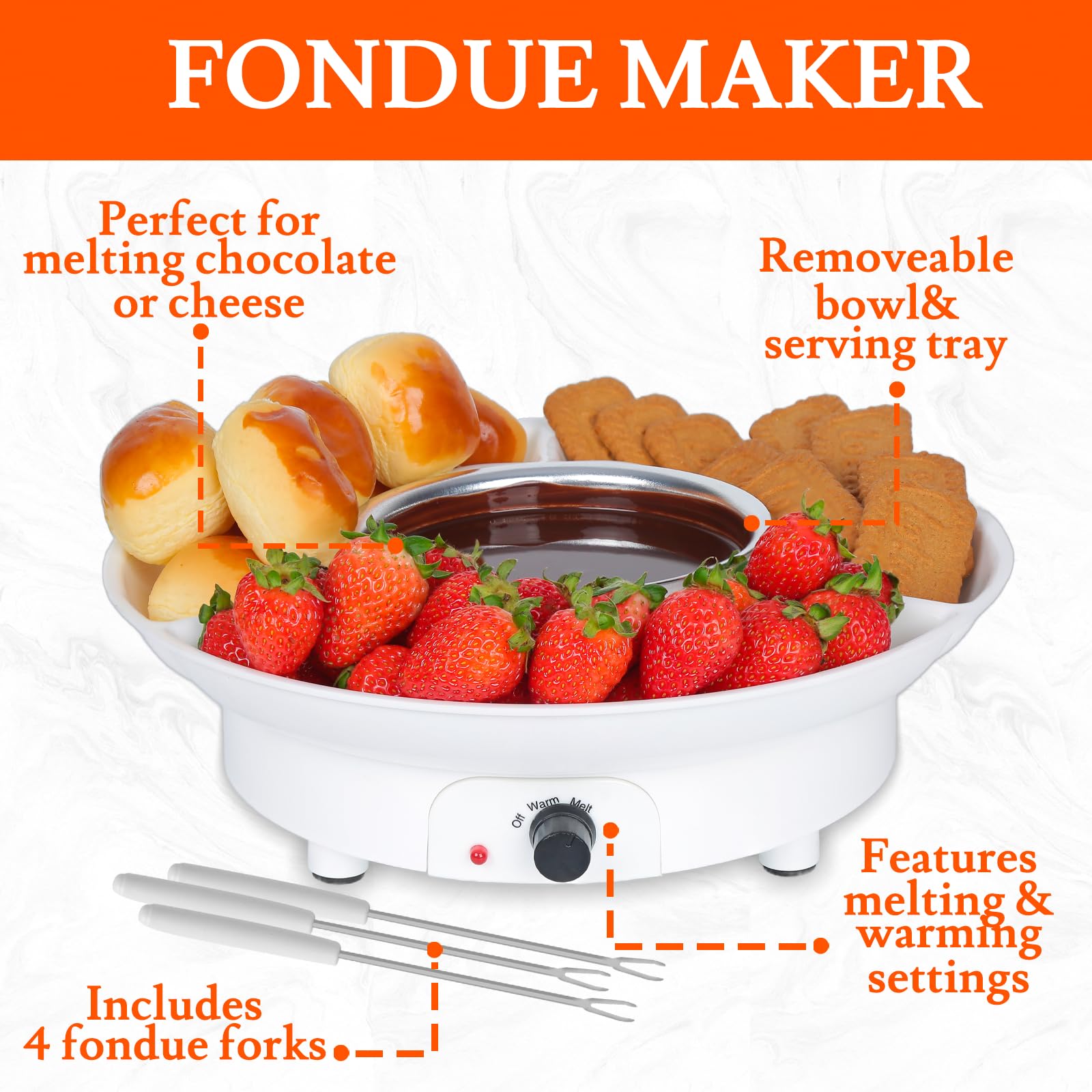 CORJEEJOR Fondue Pot Electric Set For Chocolate and Cheese, Deluxe Fondue Maker with 4 Forks, Removable Serving Tray & Melting/Warming Setting, Perfect for Parties, Gifting, and Date Night