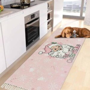 Runner Rug for Hallway 2x6ft, Merry Christmas Cute Pink Santa Washable Runner Rugs with Tassels Woven Floor Carpet Runners for Hallways Kitchen Laundry Entryway