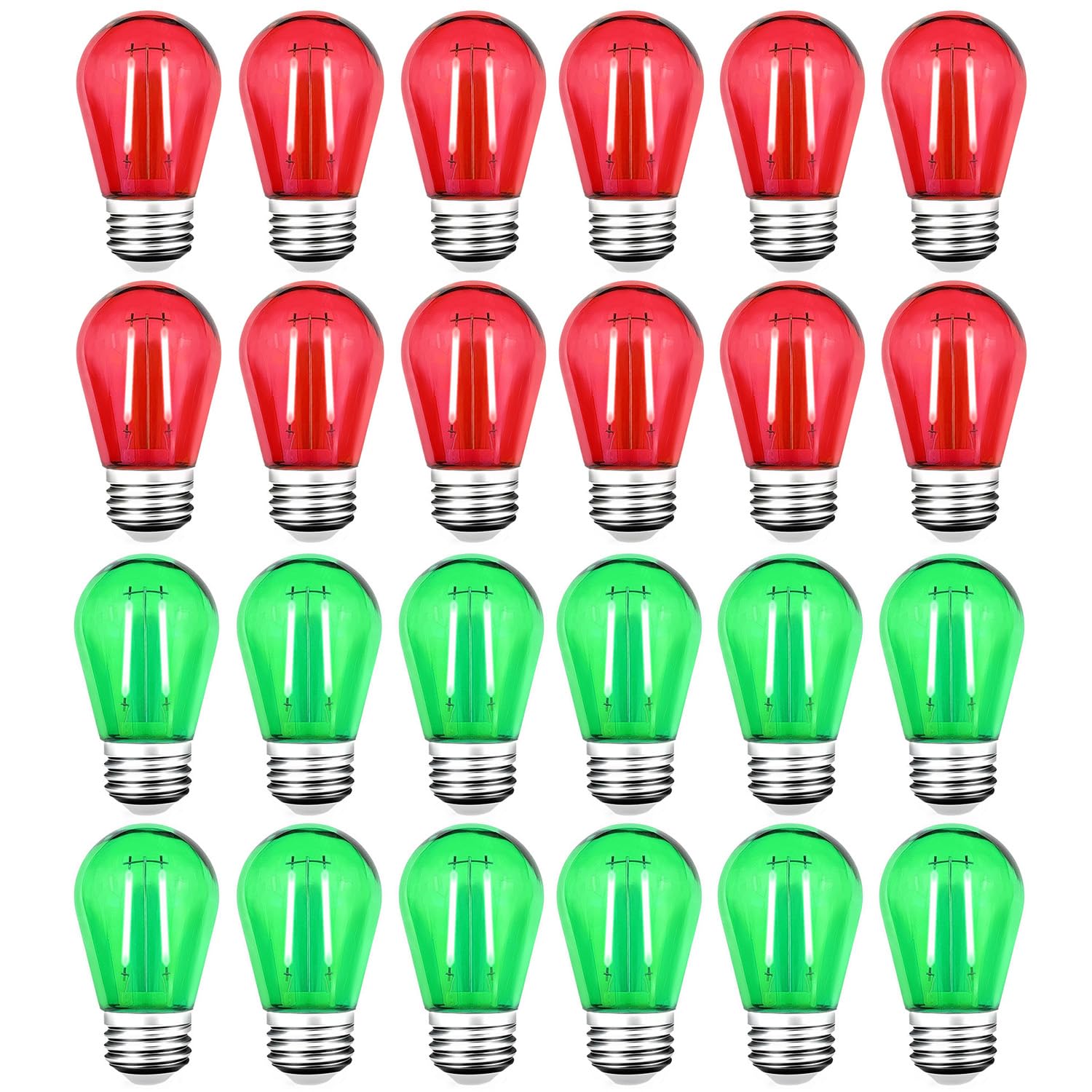 GUILEDUO 24 Pack S14 LED Red Light Bulb Green Light Bulb, Shatterproof 2 Watt Red Green String Light Bulbs Plastic Waterproof E26 Base Filament Edison Outdoor Replacement Christmas Light Bulbs, 120V