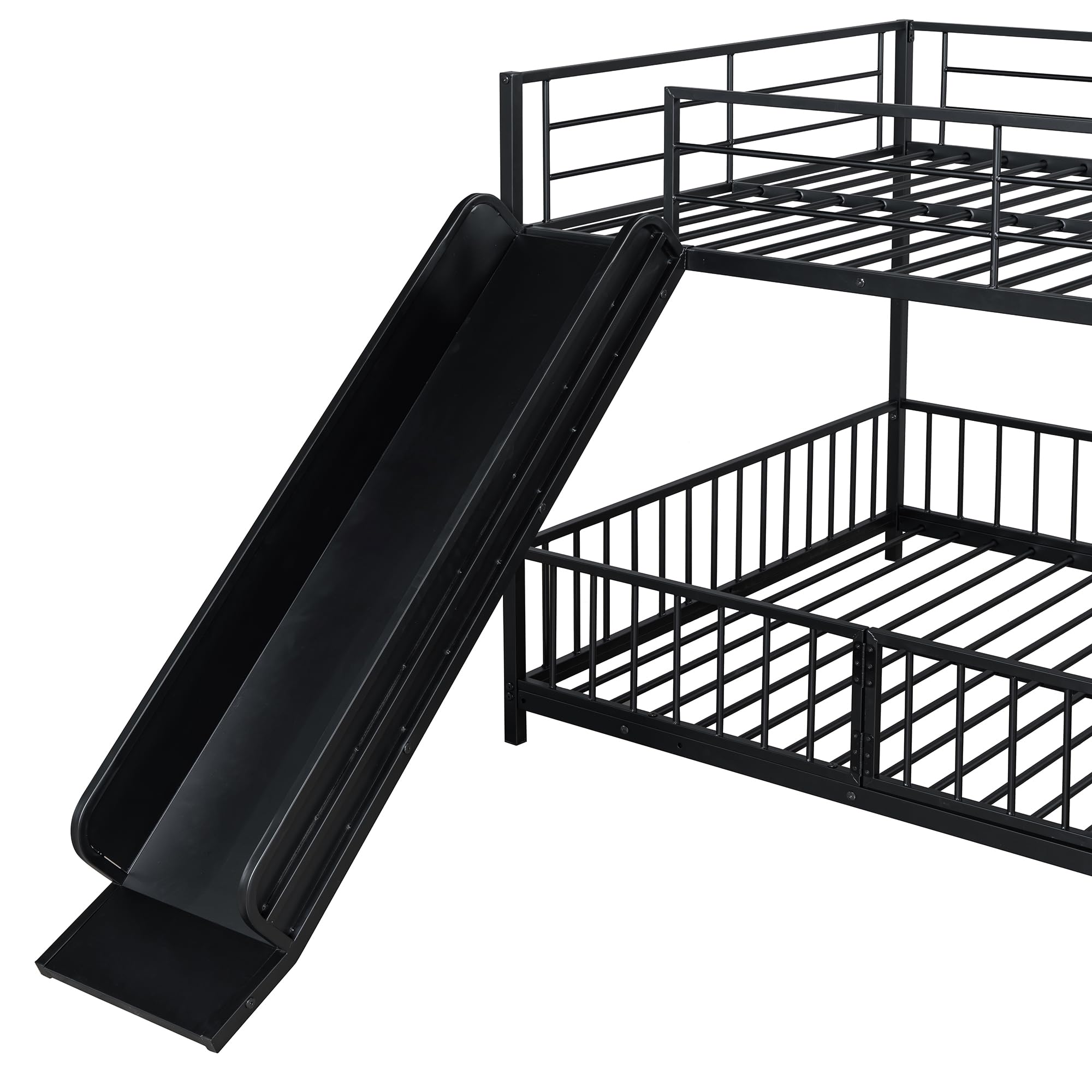 Unique Metal Bunk Bed with Slide and Fence, Bunk Bed with Ladder for Toddler Kids Teens (Black/Metal, Full Over Full)