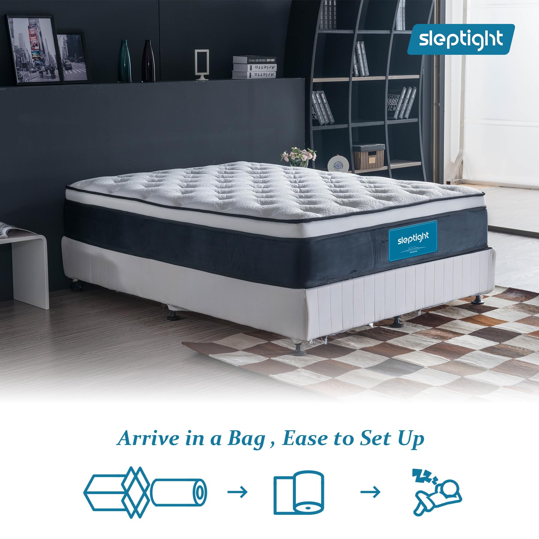 Sleptight King Mattress, 12 Inches Pillow Top Hybrid Mattress in a Bag, Memory Foam Pocket Spring Mattress for Medium Firm Support Mattress