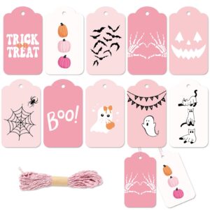 whaline 120pcs halloween paper gift tags pink cute ghost boo pumpkin hanging labels with cotton rope for birthday baby shower name present diy crafts, 10 designs