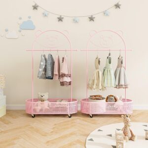 Costzon Kids Clothing Rack, Height Adjustable Kids Dress Up Storage for Hanging Clothes, Metal Garment Rack with Storage Basket, Wheels, Clothes Rack for Kids Room, Playroom, Bedroom (Pink)