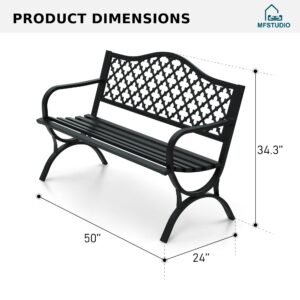 MFSTUDIO 50" Black Outdoor Metal Garden Bench with Arch Legs, Cast Iron Frame Patio Furniture with E-Coating, Perfect for Porch and Yard