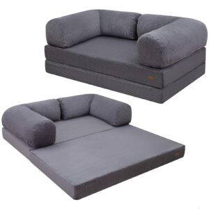 comax folding sofa bed, convertible sofa queen floor couch with l-shaped armrests, foldable futon chair bed sleeper mattress fold out comfy lounge for living room bedroom, dark grey