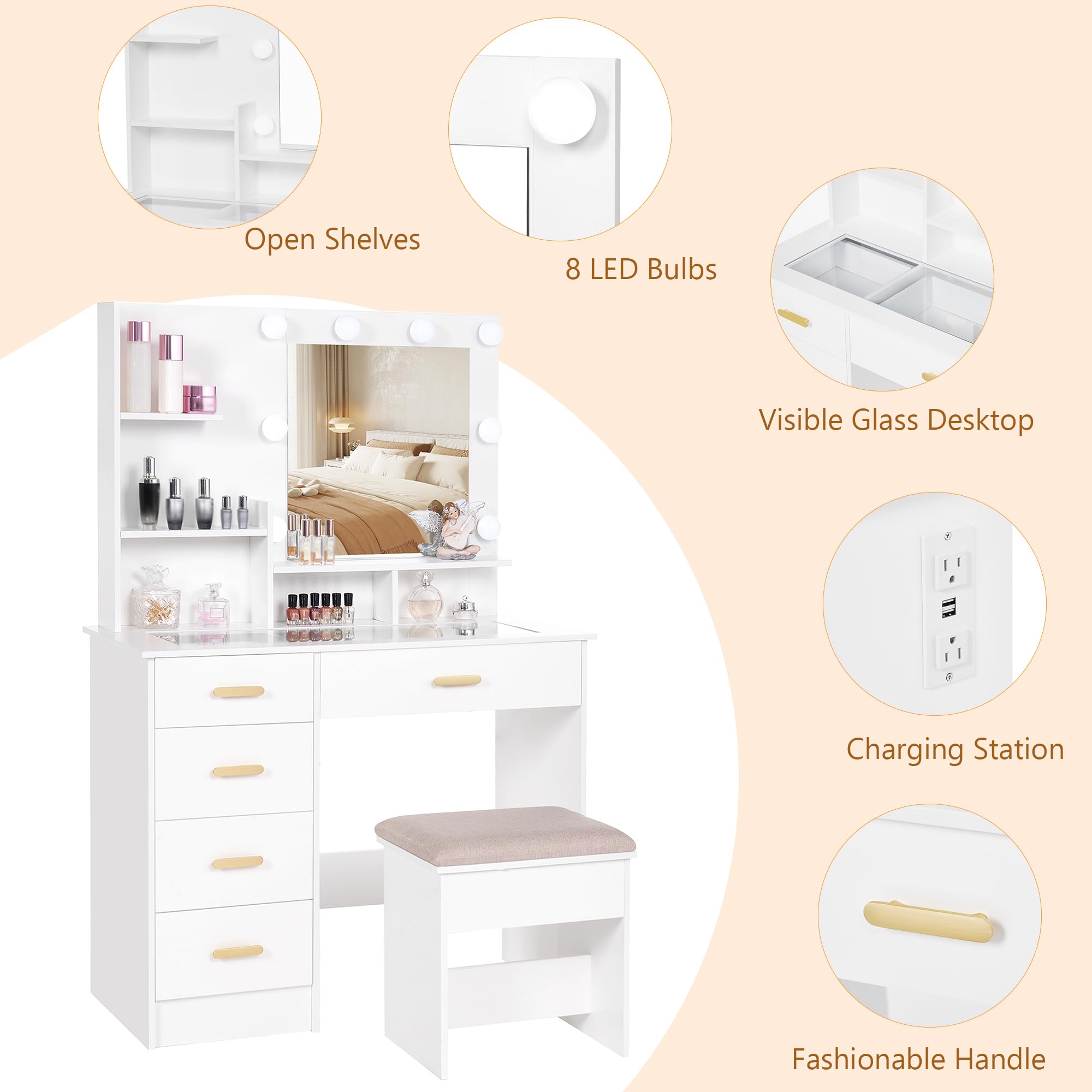 ANWBROAD Makeup Vanity Desk with Mirror and Lights Power Outlet 35.5" Vanity with Glass Top Dresser 3 Lighting Modes Brightness Adjustable White Vanity Desk with Drawers Shelves Bedroom Stool UBDT64W