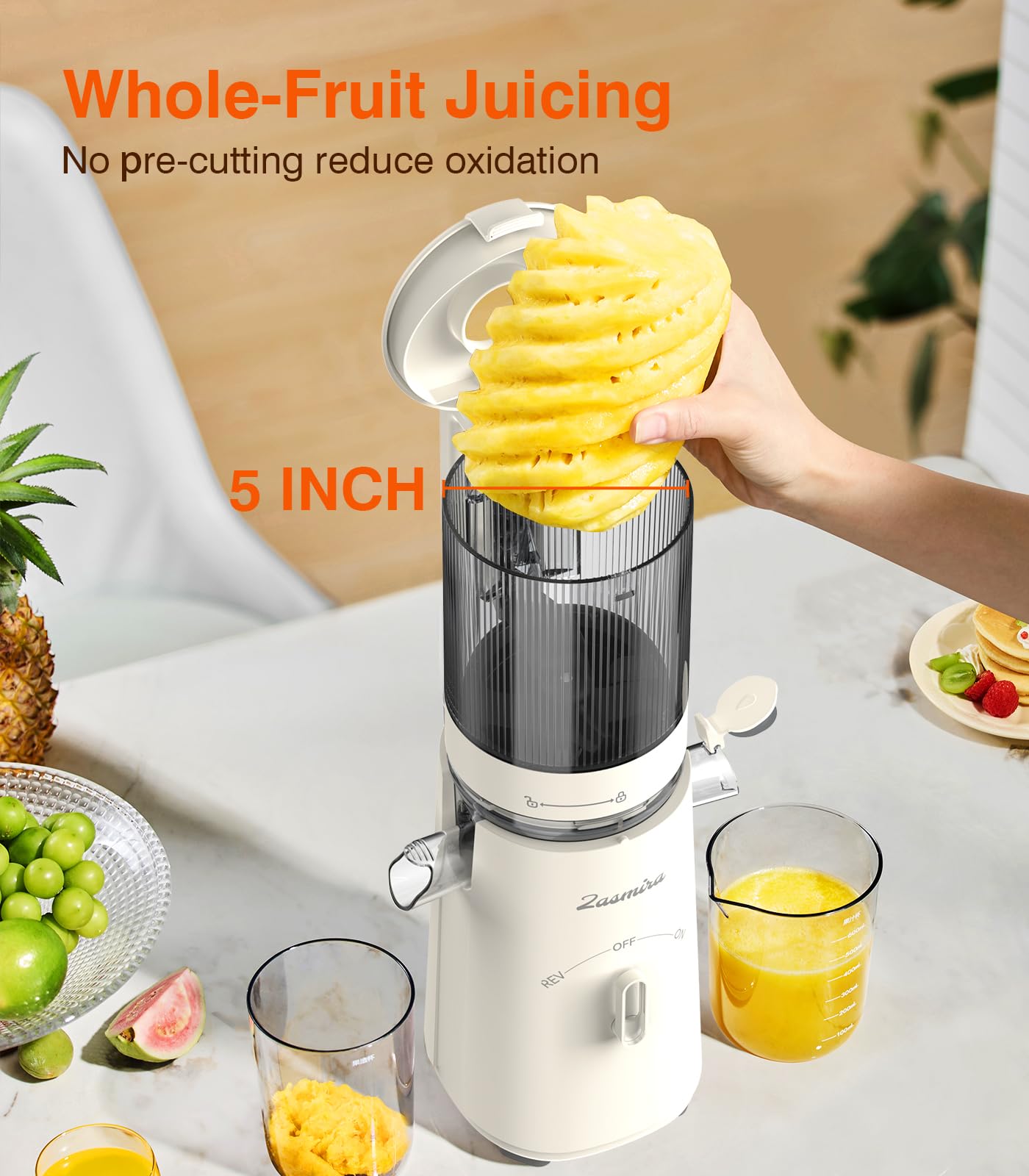 Cold Press Juicer, Updated Masticating Juicer Machines with 5" Feeding Chute Fit Whole Fruits &Vegetables, 99.6% Juice Purity, Streamlined Parts Easier to Clean/1.5L Capacity/2 Cups Included