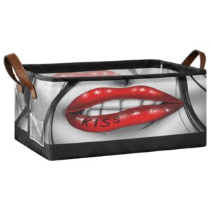 exnundod red lips kiss love storage bins funny attractive stroage basket with metal frames collapsible storage bin with handles organizing closet blanket toys, 1pc