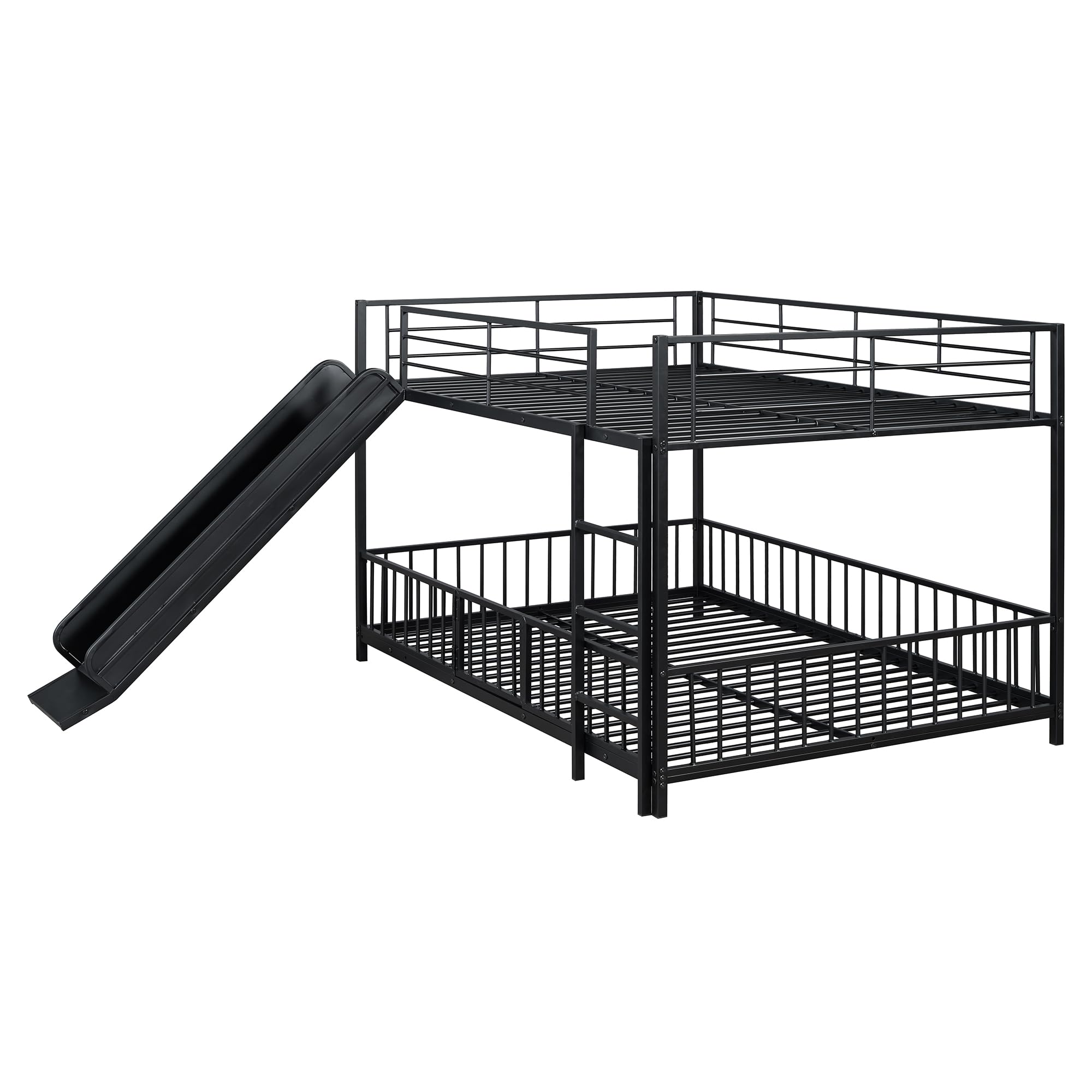 Unique Metal Bunk Bed with Slide and Fence, Bunk Bed with Ladder for Toddler Kids Teens (Black/Metal, Full Over Full)