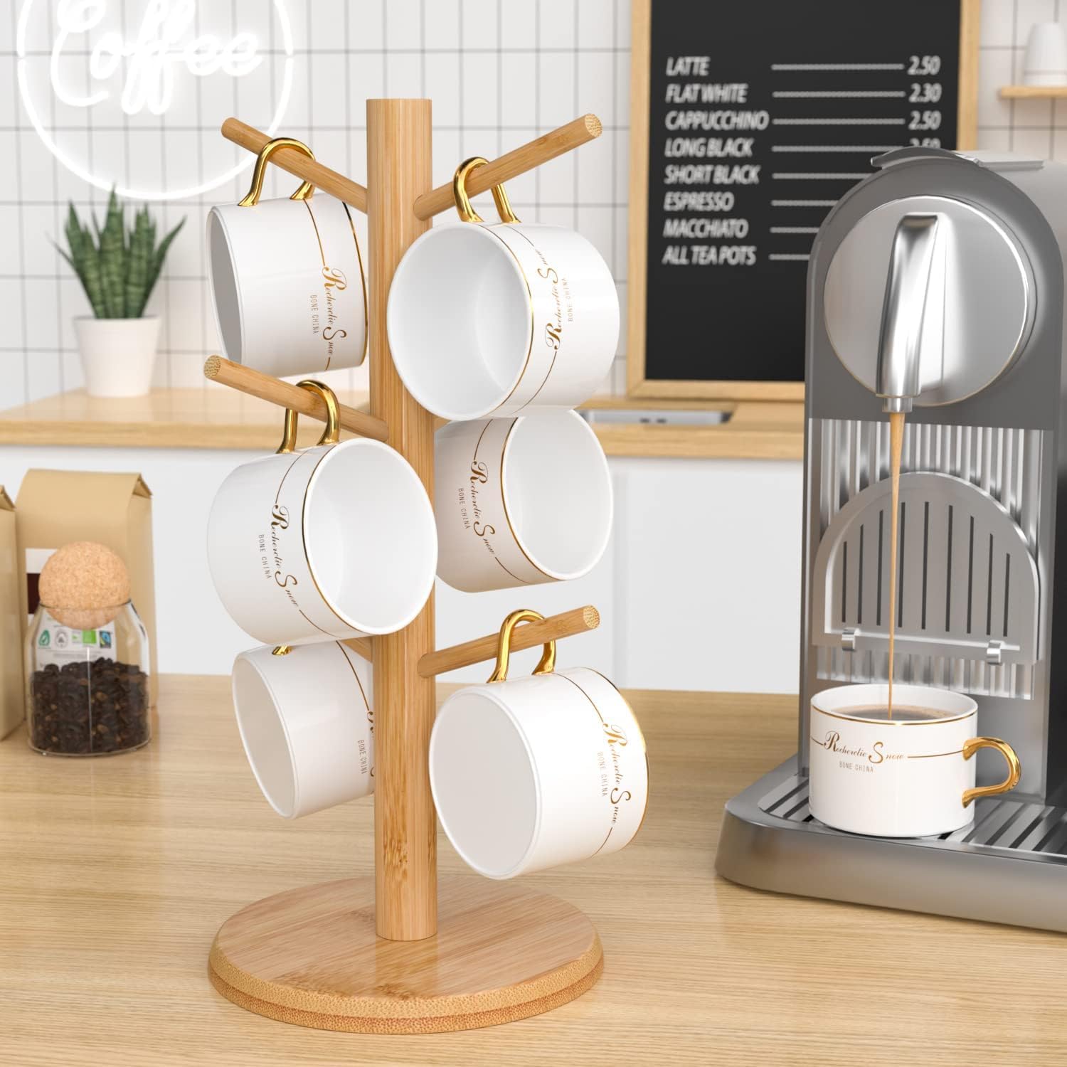 Wisuce Coffee Mug Tree Bamboo Mug Holder Coffee Cup Stand Mug Holders for Countertop Coffee Mug Rack Organizer Stand with 6 Hooks