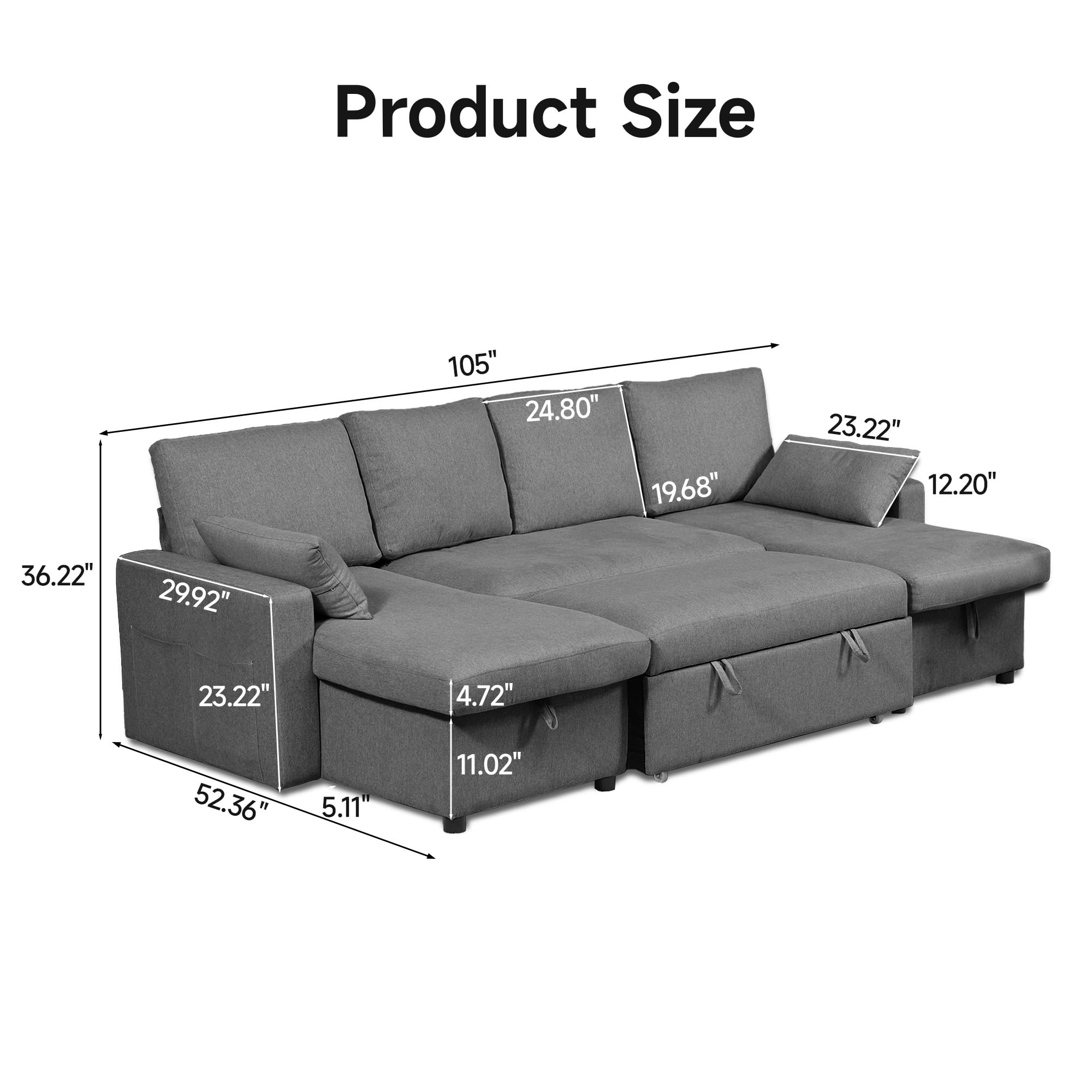 Real Relax 105'' Sleeper Sofa, 4-in-1 U Shaped Convertible Sofa Bed with Wheel Pull Out Bed and Storage for Living Room, Apartment, Office and Bedroom, Dark Gray