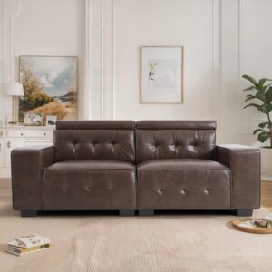 WARM HARBOR 84" Modern Sofas for Living Room, Faux Leather Loveseat Couch with Adjustable Headrest, Wide Armrest, Easy to Install(84in, Brown)