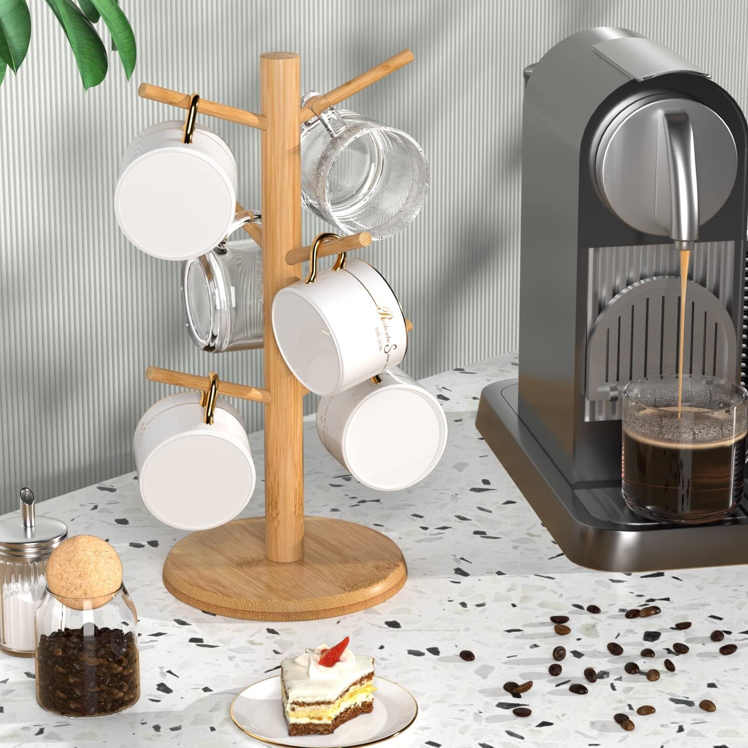 Wisuce Coffee Mug Tree Bamboo Mug Holder Coffee Cup Stand Mug Holders for Countertop Coffee Mug Rack Organizer Stand with 6 Hooks