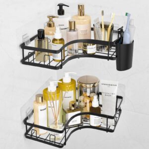 pioleackflew corner shower caddy - no drill bathroom shower organizer rustproof shower shelves shower caddy adhesive with toothbrush cups shower shelf for inside showerower black (2 pack)