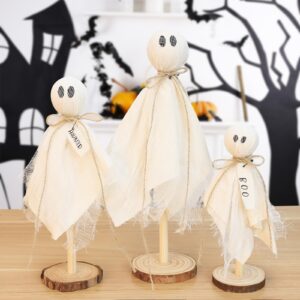 rercit 3 pack halloween ghost kits decor indoor with wooden stand, halloween centerpieces for tables, halloween mantel decorations