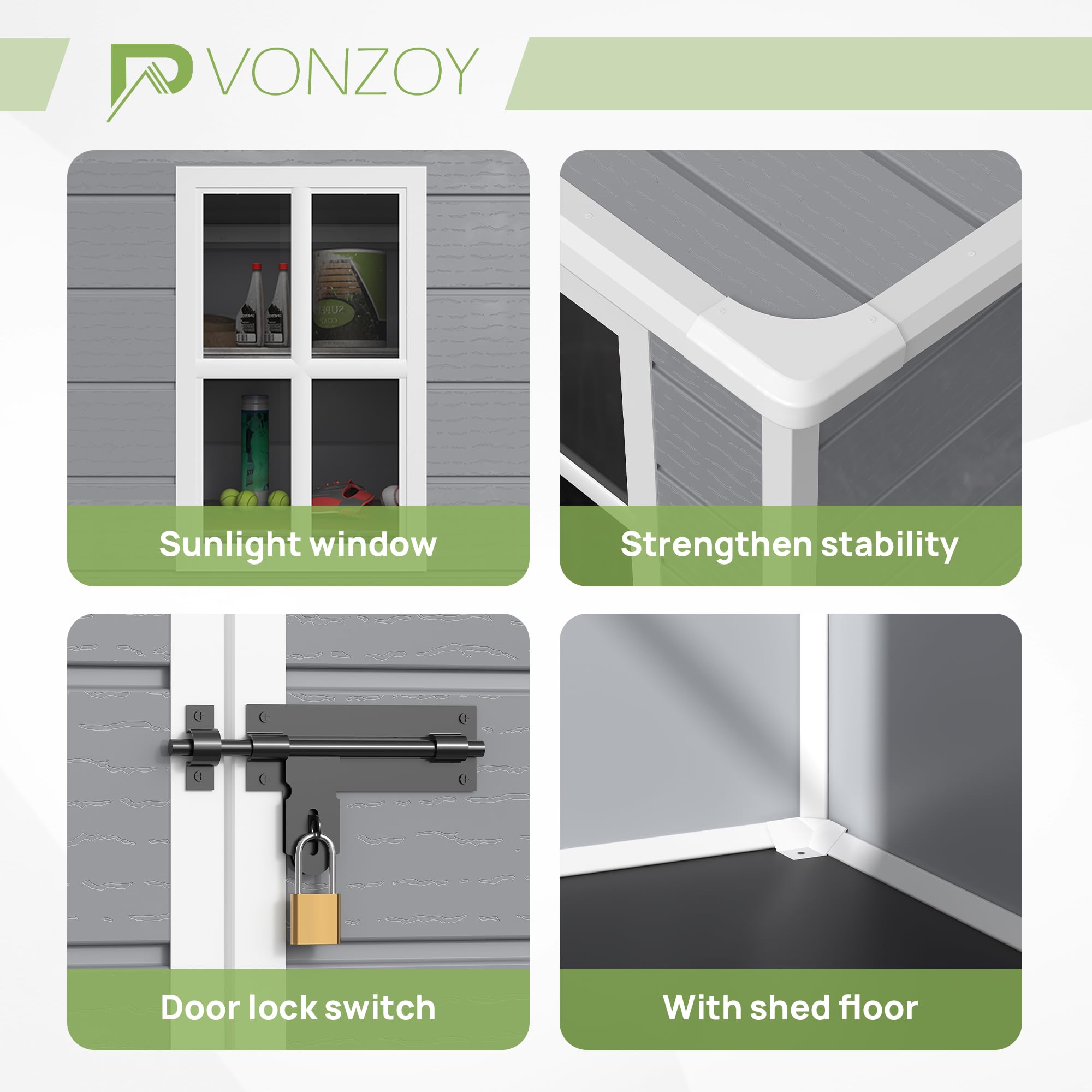 VONZOY Outdoor Resin Storage Shed, 6x4.5FT Plastic Storage Sheds with Floor, Lockable Door, Window, Waterproof Tool Sheds & Outdoor Storage Outside for Bike, Garbage Can,Garden, Grey White