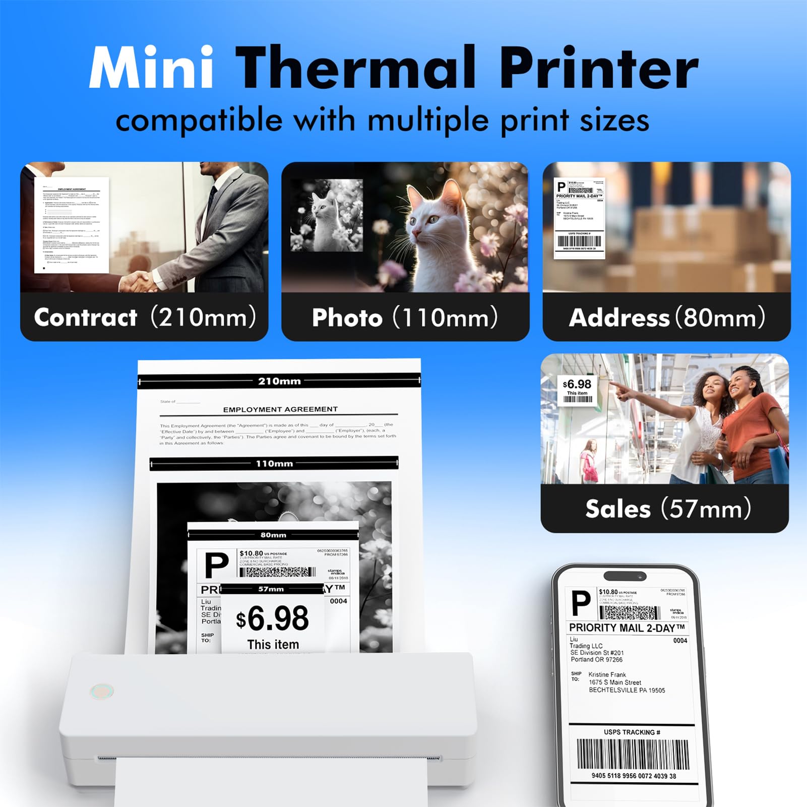 A4 Portable Thermal Printer Wireless BT & USB Connect with Mobile Computer 57mm/80mm/110mm/210mm2in/3in/4in/8in) Inkless Printing PDF File Webpage Contract Documents Picture Comes with 1pc Thermal