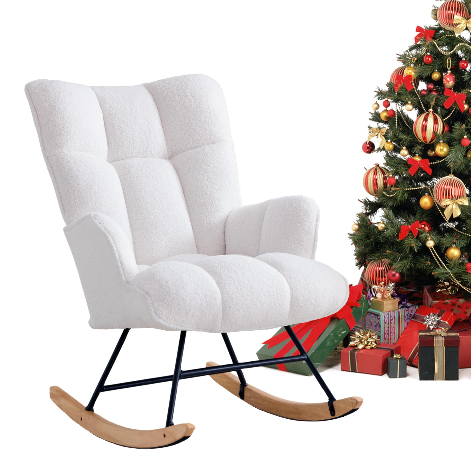 Zedachica Rocking Chair Nursery Teddy Upholstered Glider Rocker Rocking Accent Chair Padded Seat with High Backrest Armchair Comfy Side Chair for Living Room Bedroom Offices (White Teddy)