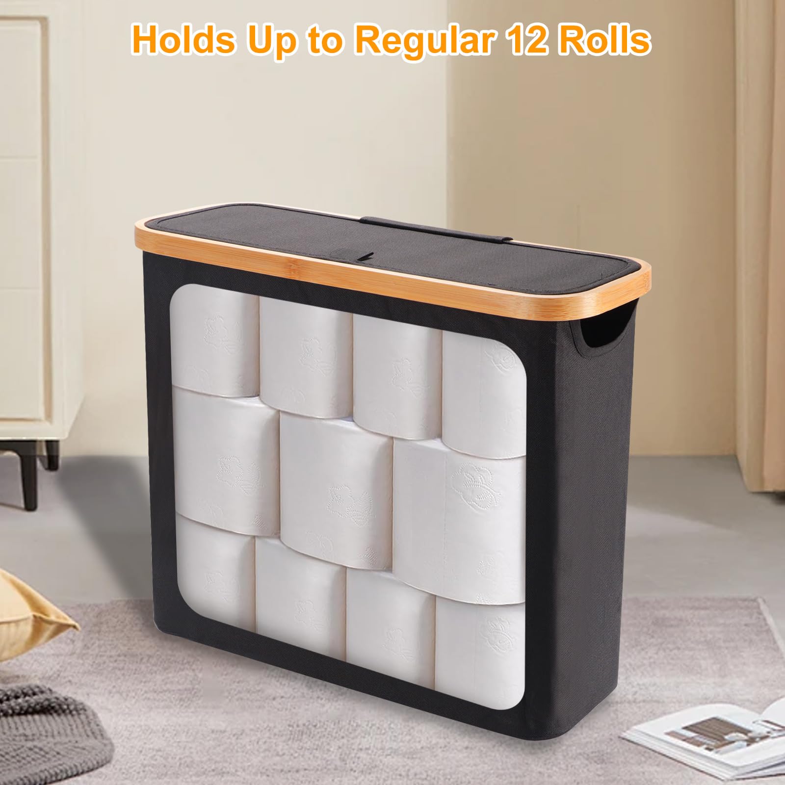 Toilet Paper Basket,Bamboo Toilet Paper Storage with Lid,Toilet Paper Organizer for Bathroom,Free Standing Toilet Paper Holder for 12 Mega Rolls,Toilet Paper Storage Box Container with Handle