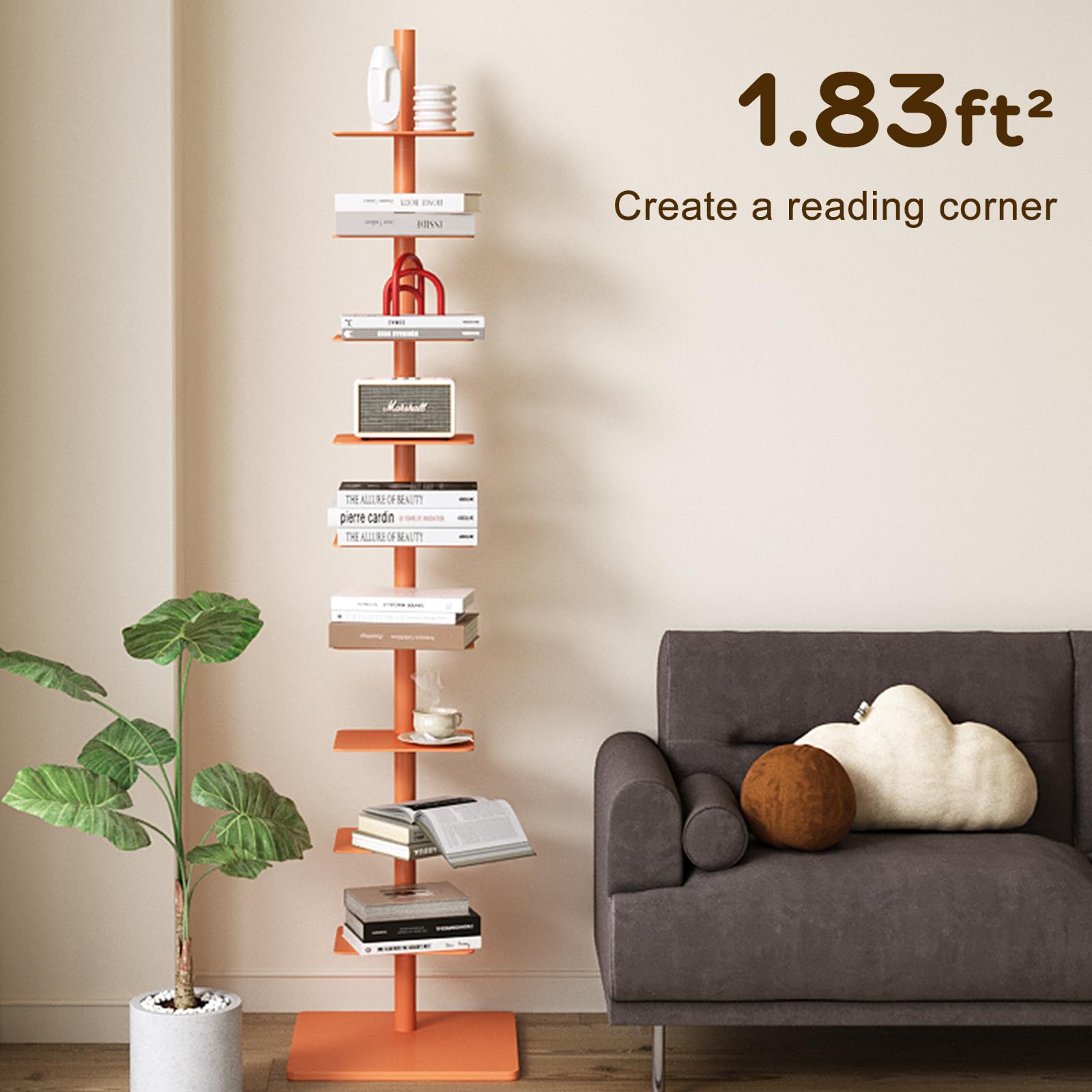 HYHTMER 9-Tier Metal Spine Bookshelf - Vertical Tower for Booksfor Small Spaces, Multipurpose Corner Bookshelf, Tall & Narrow Ladder Bookcase, Ideal Book Display for Home or Office (White)