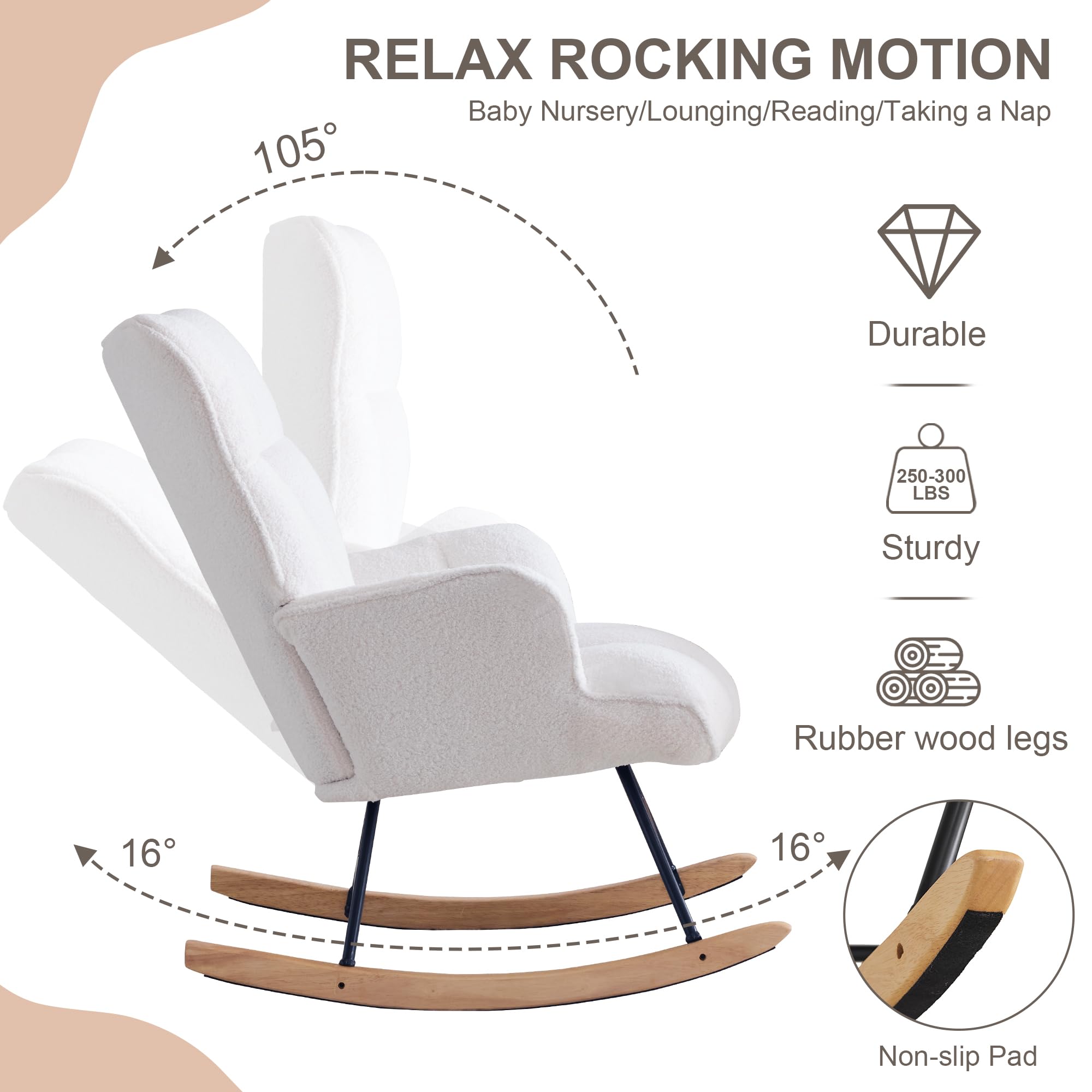 Zedachica Rocking Chair Nursery Teddy Upholstered Glider Rocker Rocking Accent Chair Padded Seat with High Backrest Armchair Comfy Side Chair for Living Room Bedroom Offices (White Teddy)