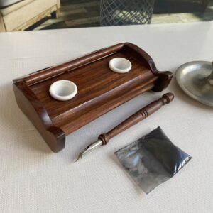 Schooner Bay Co. - 7" Wood Inkwell Stand with Clay Inkwells, Wood Nib Pen and Ink Powder, Acacia Wood