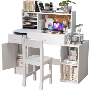 nkugcfc childrens computer desk with bulletin board, white kids desk and chair set for 5-12 year old, kids study table with chair, drawers and cabinets-zxcvtz