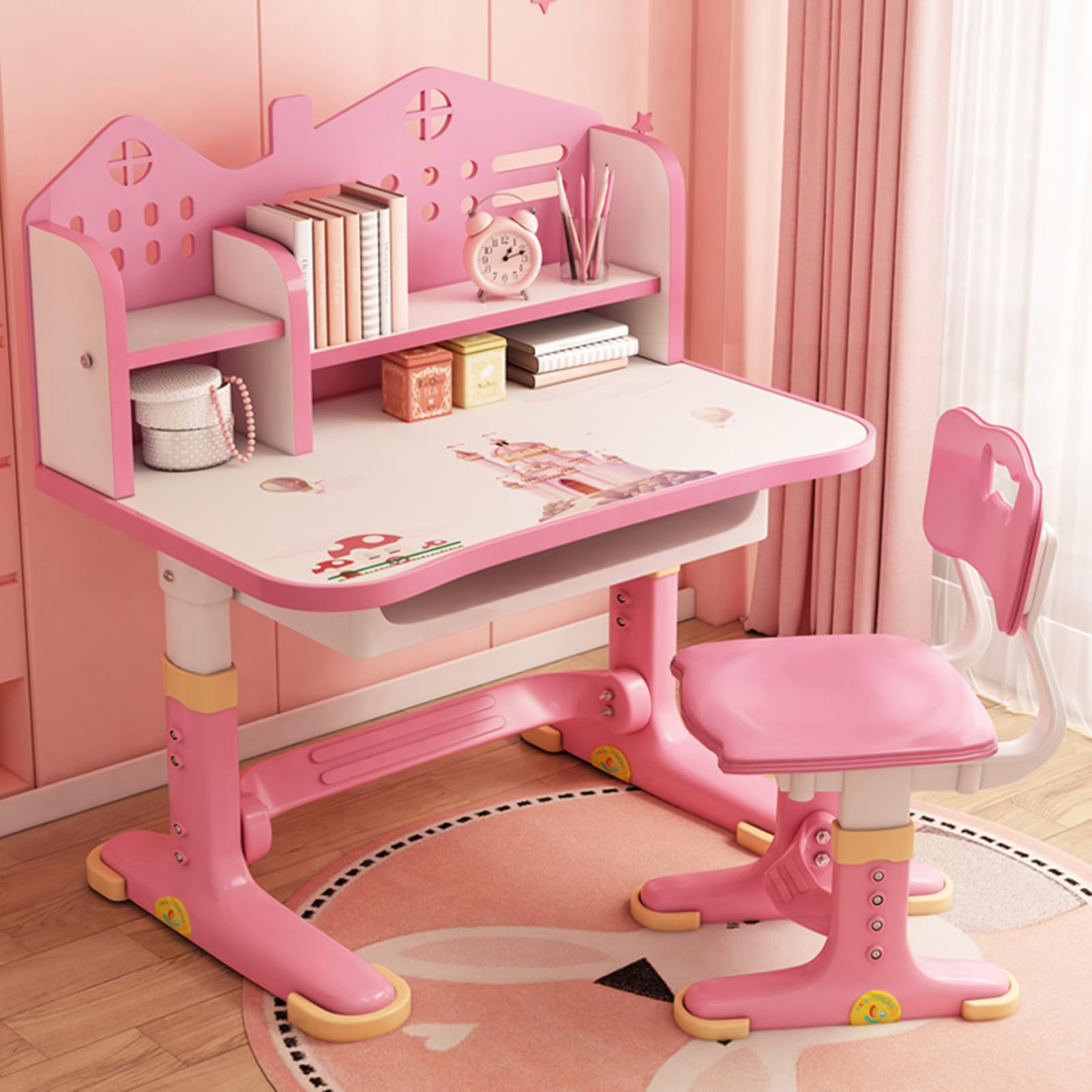 Kids Desk and Chair Set, Kids Functional Desk and Chair Set for Kids 6-12, Height Adjustable Children Study Desk, 2024 Upgraded Writing Study Table, Suitable Gift for Girls Boys (Pink)