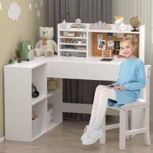 NKUGCFC Kids Study Desk and Chair Set with Drawers and Shelves,KidsDesk with Bulletin Board, 41in*31in White Kids Desk and Chair Set for 5-12 Year Old, Kids Corner Desk and Chair Set