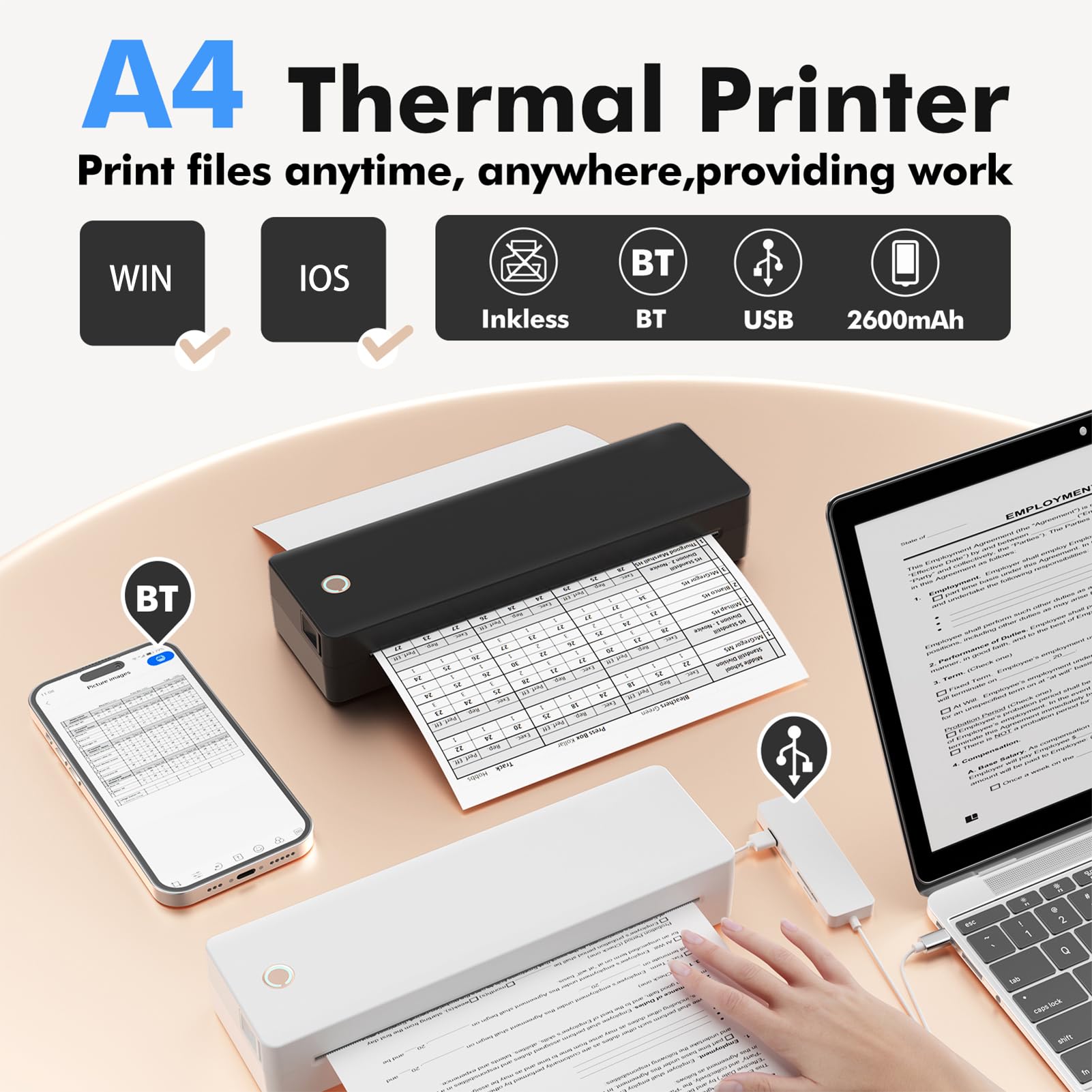 A4 Portable Thermal Printer Wireless BT & USB Connect with Mobile Computer 57mm/80mm/110mm/210mm2in/3in/4in/8in) Inkless Printing PDF File Webpage Contract Documents Picture Comes with 1pc Thermal