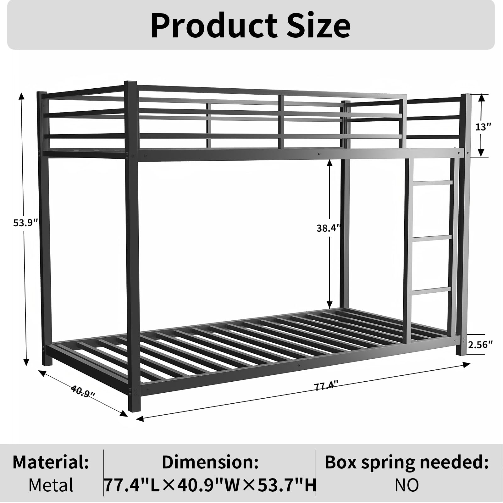 QSOSTNS Twin Over Twin Bunk Bed, Metal Low Profile Bunkbed with Side Ladder, Heavy-Duty Sturdy Metal, Noise Reduced, Safety Guardrail, No Box Spring Needed (Black)