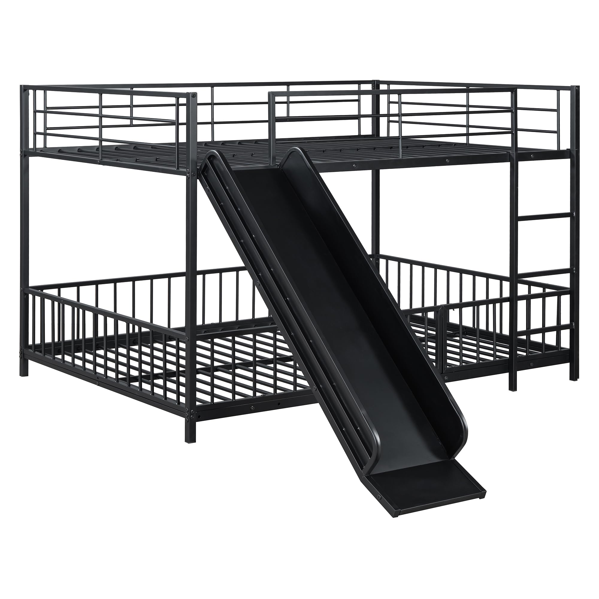 Unique Metal Bunk Bed with Slide and Fence, Bunk Bed with Ladder for Toddler Kids Teens (Black/Metal, Full Over Full)