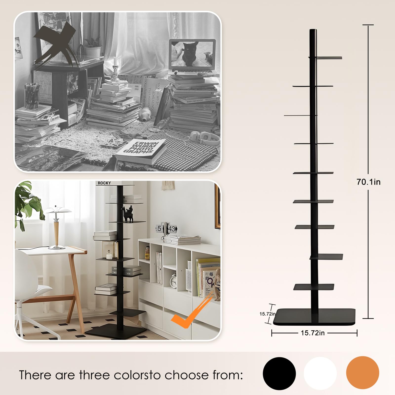 HYHTMER 9-Tier Metal Spine Bookshelf - Vertical Tower for Booksfor Small Spaces, Multipurpose Corner Bookshelf, Tall & Narrow Ladder Bookcase, Ideal Book Display for Home or Office (White)