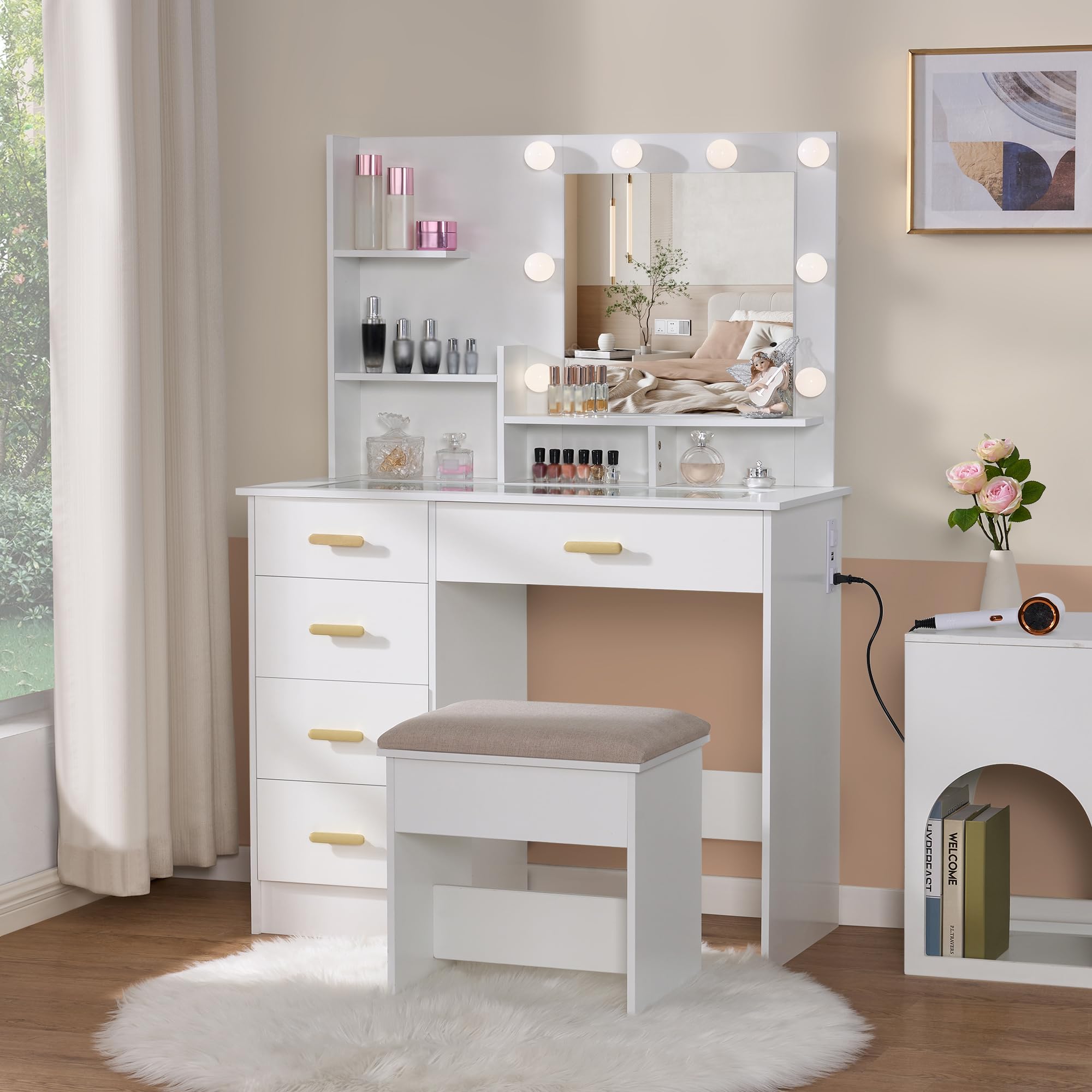 ANWBROAD Makeup Vanity Desk with Mirror and Lights Power Outlet 35.5" Vanity with Glass Top Dresser 3 Lighting Modes Brightness Adjustable White Vanity Desk with Drawers Shelves Bedroom Stool UBDT64W