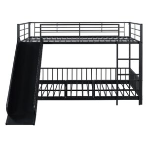 Unique Metal Bunk Bed with Slide and Fence, Bunk Bed with Ladder for Toddler Kids Teens (Black/Metal, Full Over Full)